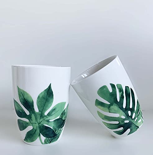 Ceramic Bathroom Sets,5 Pieces Bathroom Accessory Set-Lotion Dispenser,Toothbrush Holder,Tumbler & Soap Dish,Green Leaves Design Bath Ensemble (#2)
