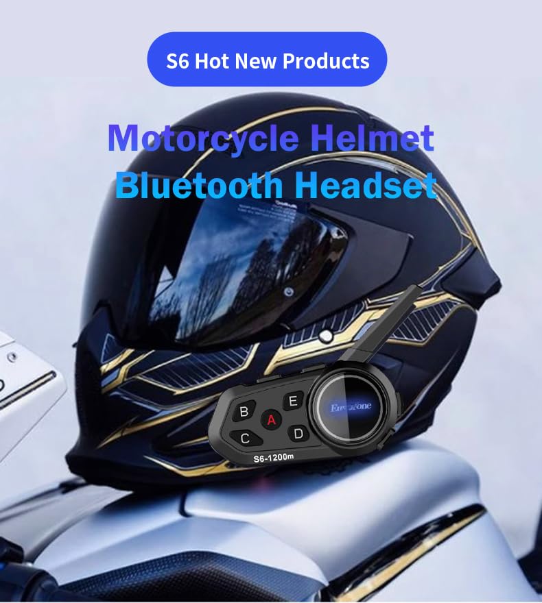 EuroFone S6 Motorcycle Helmet Bluetooth Intercom Headset, Intercomunicador para Casco De Moto, 2 Riders 1200m 6 Riders 6km, 2 People Real-time Talk, CVC Noise Reduction, IP65 Waterproof(1Pack)