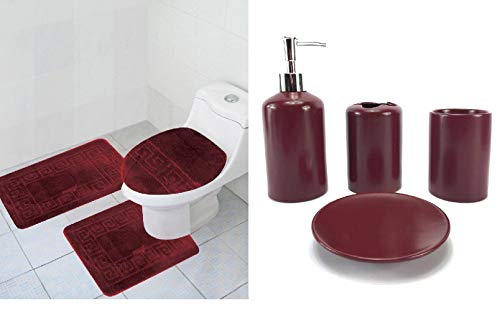 WPM WORLD PRODUCTS MART 7 Piece Bath Accessory Set Bathroom Rugs Contour mat, Ceramic Accessories (Burgundy)