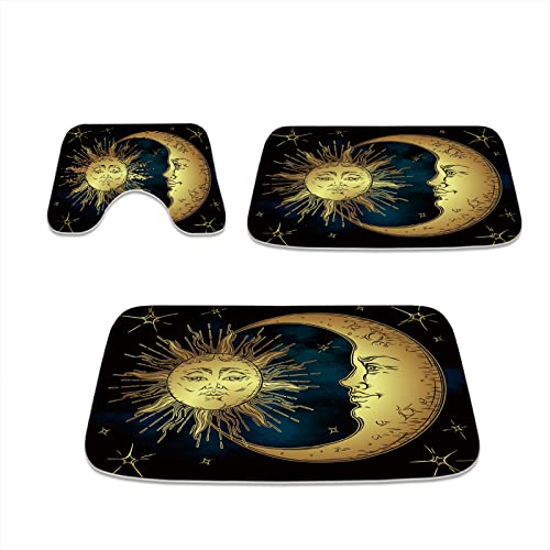 Sun and Moon Bathroom Rugs and Boho Chic Art Stars Over Blue Black Sky Mats Sets 3 Piece, Velvet Memory Foam Antique Style Bath Mat, Large Small and U-Shaped Contour Shower Mat Non-Slip Washable
