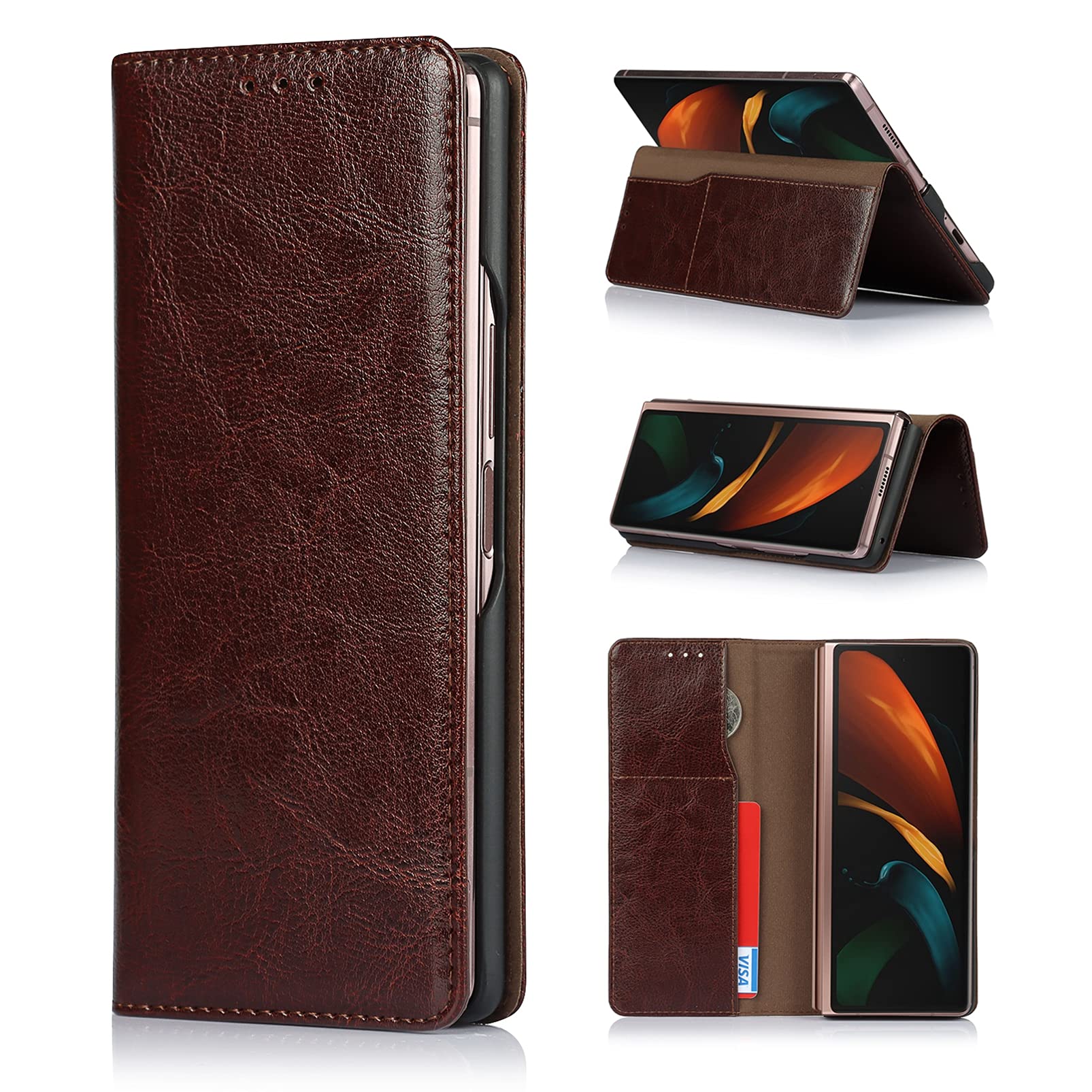 Jaorty Compatible with Samsung Galaxy Z Fold 2 5G Wallet Case,Stand Feature Cowhide Genuine Leather Credit Card Holder Coin Slot Cover Case for Samsung Galaxy Z Fold 2 5G,Dark Brown