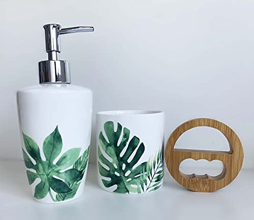 Ceramic Bathroom Sets,5 Pieces Bathroom Accessory Set-Lotion Dispenser,Toothbrush Holder,Tumbler & Soap Dish,Green Leaves Design Bath Ensemble (#2)