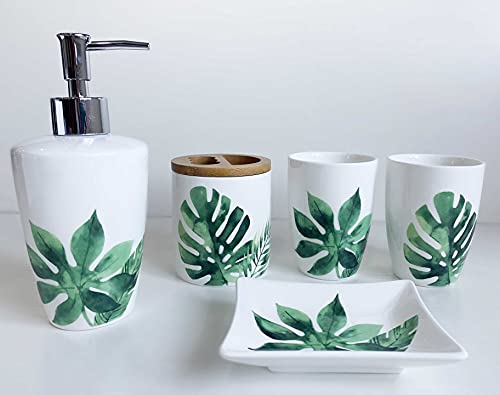 Ceramic Bathroom Sets,5 Pieces Bathroom Accessory Set-Lotion Dispenser,Toothbrush Holder,Tumbler & Soap Dish,Green Leaves Design Bath Ensemble (#2)