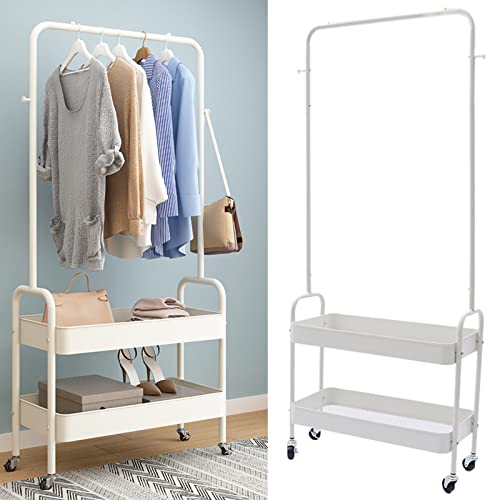 2-Tiers Clothes Rack Freestanding Clothing Garment Rack with Metal Basket Rolling Storage Clothes Shelves Portable Organizer Coat Rack for Entryway Home Bedroom Laundry Small Place (White)