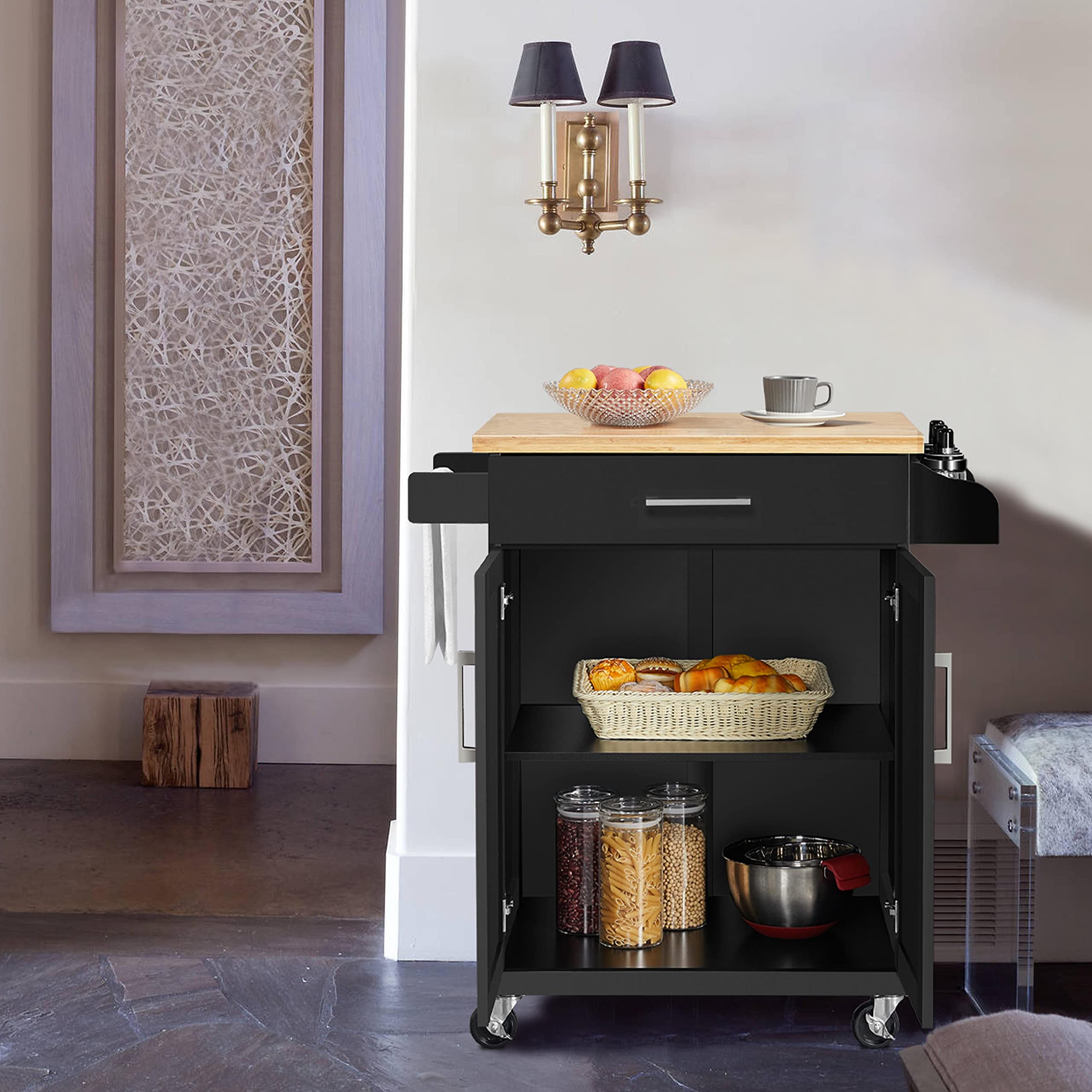 Topeakmart Kitchen Island On Wheels with Storage Cabinet and Drawer, Kitchen Trolley Cart with Spice Rack and Towel Bar for Dining Room, 26x18x36 Inches, Black