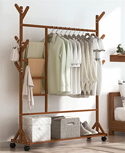 YXDFG Rolling Closet Organizer Shoe Rack,Bamboo Clothes Drying Rack,Coat Rack Stand Garment Rack Rail W/9 Side Hooks,Hall Tree Entryway Bedroom Storage Shelves Clothes Hanging Rack,Brown