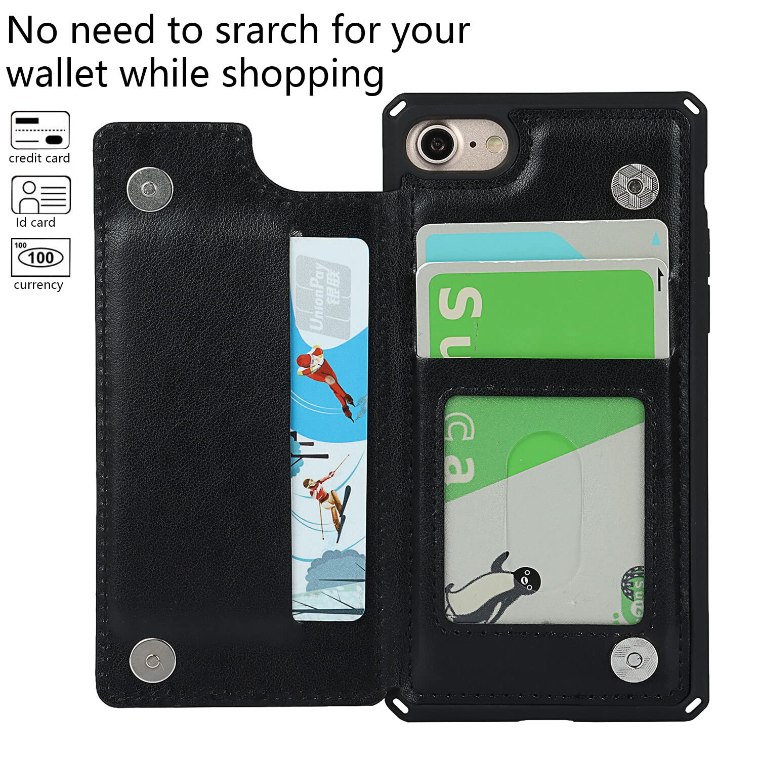 Cavor for iPhone 8 iPhone SE Case Wallet with Card Holder,Wallet Case with Card Holders for iPhone 7 Phone Case,[with Strap] PU Leather Shockproof Cover for iPhone 7/SE2022/SE2020- Macaron Black