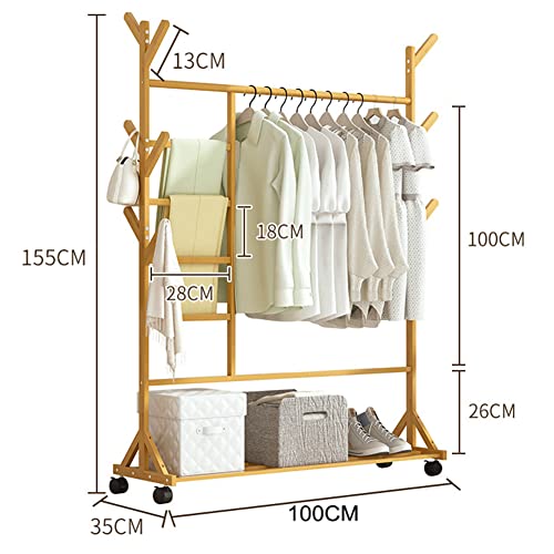 YXDFG Rolling Closet Organizer Shoe Rack,Bamboo Clothes Drying Rack,Coat Rack Stand Garment Rack Rail W/9 Side Hooks,Hall Tree Entryway Bedroom Storage Shelves Clothes Hanging Rack,Brown