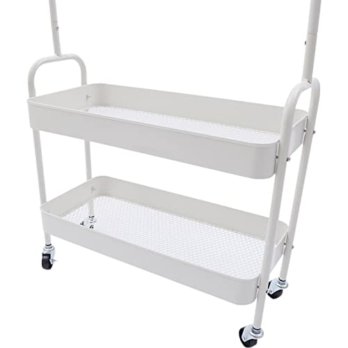 2-Tiers Clothes Rack Freestanding Clothing Garment Rack with Metal Basket Rolling Storage Clothes Shelves Portable Organizer Coat Rack for Entryway Home Bedroom Laundry Small Place (White)