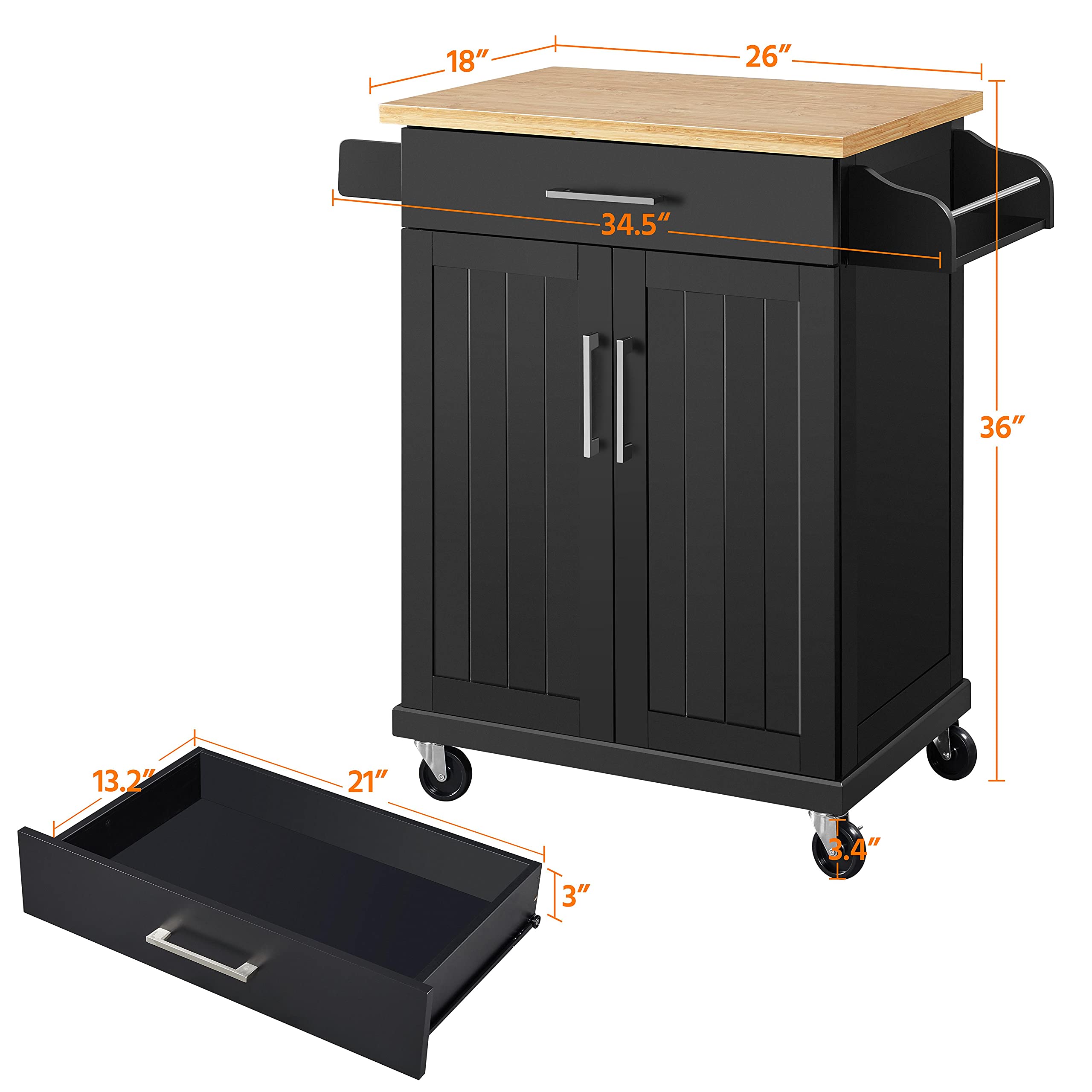 Topeakmart Kitchen Island On Wheels with Storage Cabinet and Drawer, Kitchen Trolley Cart with Spice Rack and Towel Bar for Dining Room, 26x18x36 Inches, Black