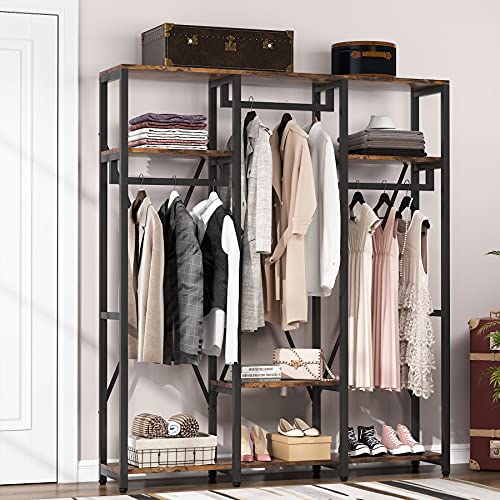 Tribesigns Garment Rack, Heavy Duty Freestanding Closet Organizer Systems with Shelves, Open Wardrobe Closet for Hanging Clothes (Rustic)