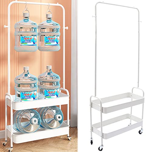 2-Tiers Clothes Rack Freestanding Clothing Garment Rack with Metal Basket Rolling Storage Clothes Shelves Portable Organizer Coat Rack for Entryway Home Bedroom Laundry Small Place (White)