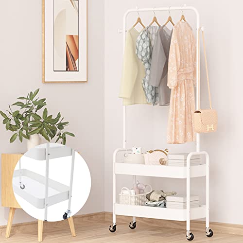 2-Tiers Clothes Rack Freestanding Clothing Garment Rack with Metal Basket Rolling Storage Clothes Shelves Portable Organizer Coat Rack for Entryway Home Bedroom Laundry Small Place (White)