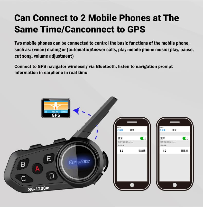 EuroFone S6 Motorcycle Helmet Bluetooth Intercom Headset, Intercomunicador para Casco De Moto, 2 Riders 1200m 6 Riders 6km, 2 People Real-time Talk, CVC Noise Reduction, IP65 Waterproof(1Pack)