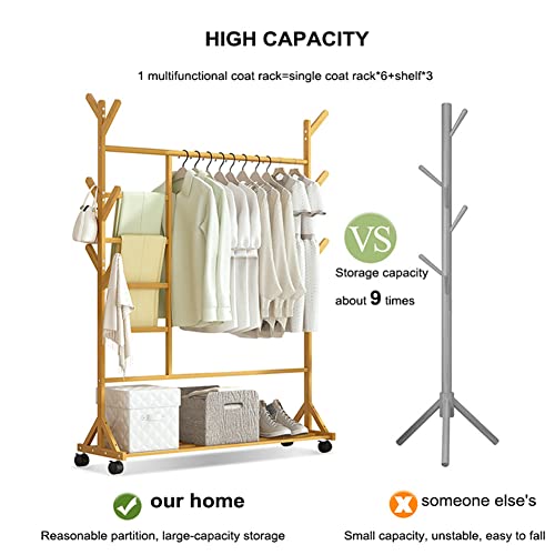 YXDFG Rolling Closet Organizer Shoe Rack,Bamboo Clothes Drying Rack,Coat Rack Stand Garment Rack Rail W/9 Side Hooks,Hall Tree Entryway Bedroom Storage Shelves Clothes Hanging Rack,Brown