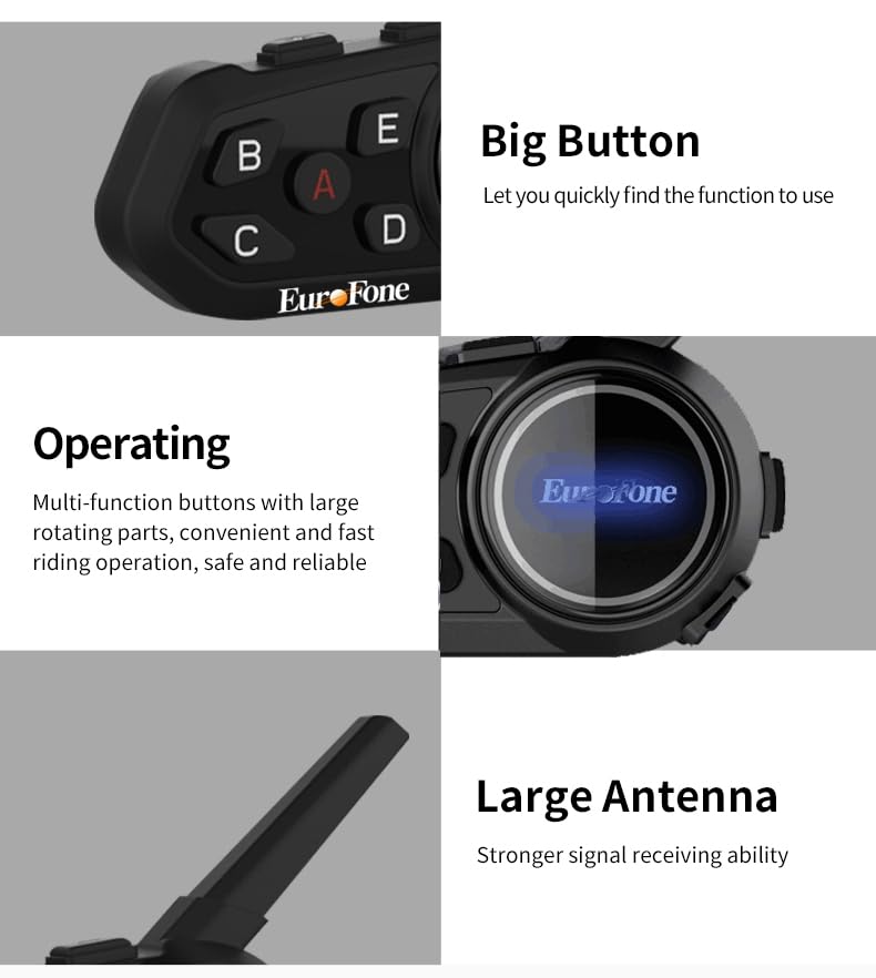 EuroFone S6 Motorcycle Helmet Bluetooth Intercom Headset, Intercomunicador para Casco De Moto, 2 Riders 1200m 6 Riders 6km, 2 People Real-time Talk, CVC Noise Reduction, IP65 Waterproof(1Pack)