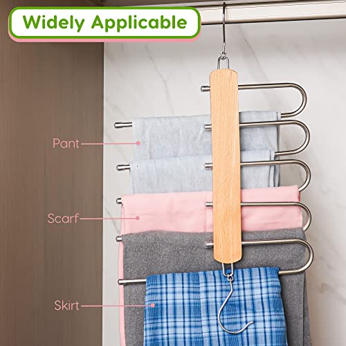 Unjumbly 2 Pack Magic Pants Hangers - Space Saving Hanging Closet Organizer for Trousers, Jeans, Leggings, Skirts, Scarves, Stainless Steel Wooden Hangers