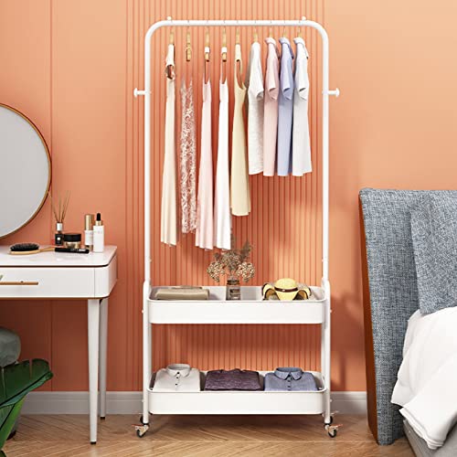 2-Tiers Clothes Rack Freestanding Clothing Garment Rack with Metal Basket Rolling Storage Clothes Shelves Portable Organizer Coat Rack for Entryway Home Bedroom Laundry Small Place (White)