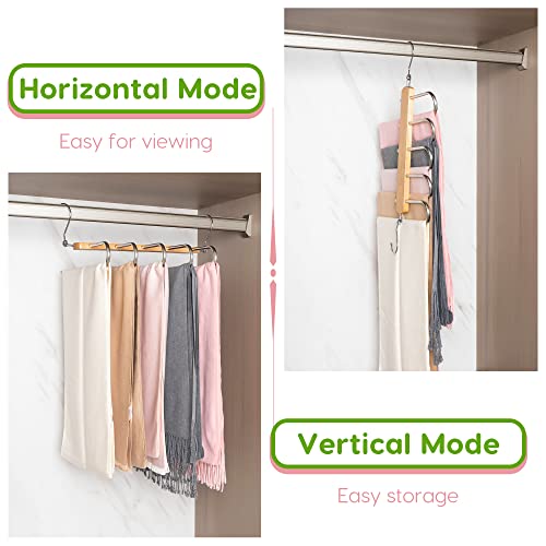 Unjumbly 2 Pack Magic Pants Hangers - Space Saving Hanging Closet Organizer for Trousers, Jeans, Leggings, Skirts, Scarves, Stainless Steel Wooden Hangers