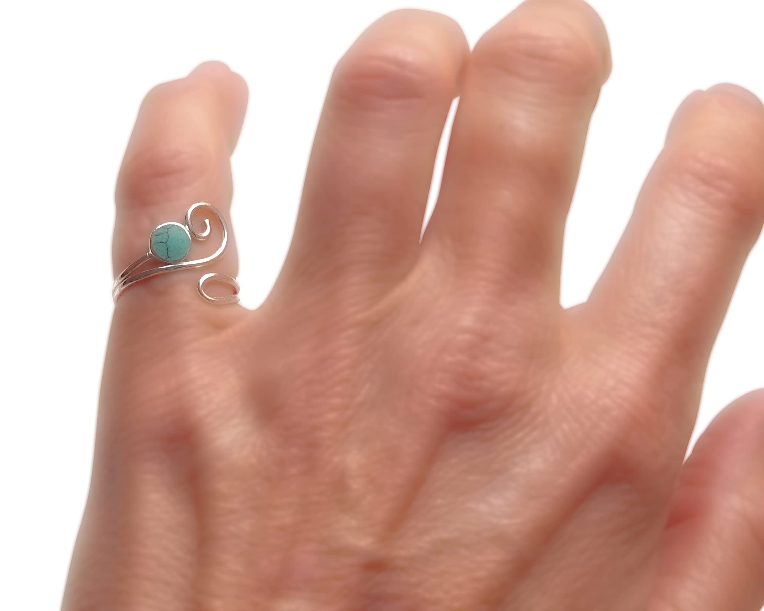 Handmade Silver Swirl & 5mm Turquoise Gemstone Wrap Band Adjustable Toe Ring, 925 Sterling Silver, Classic Dainty Open Toe, Pinky or Knuckle Rings for Women, By MiYa Jewelry Creations
