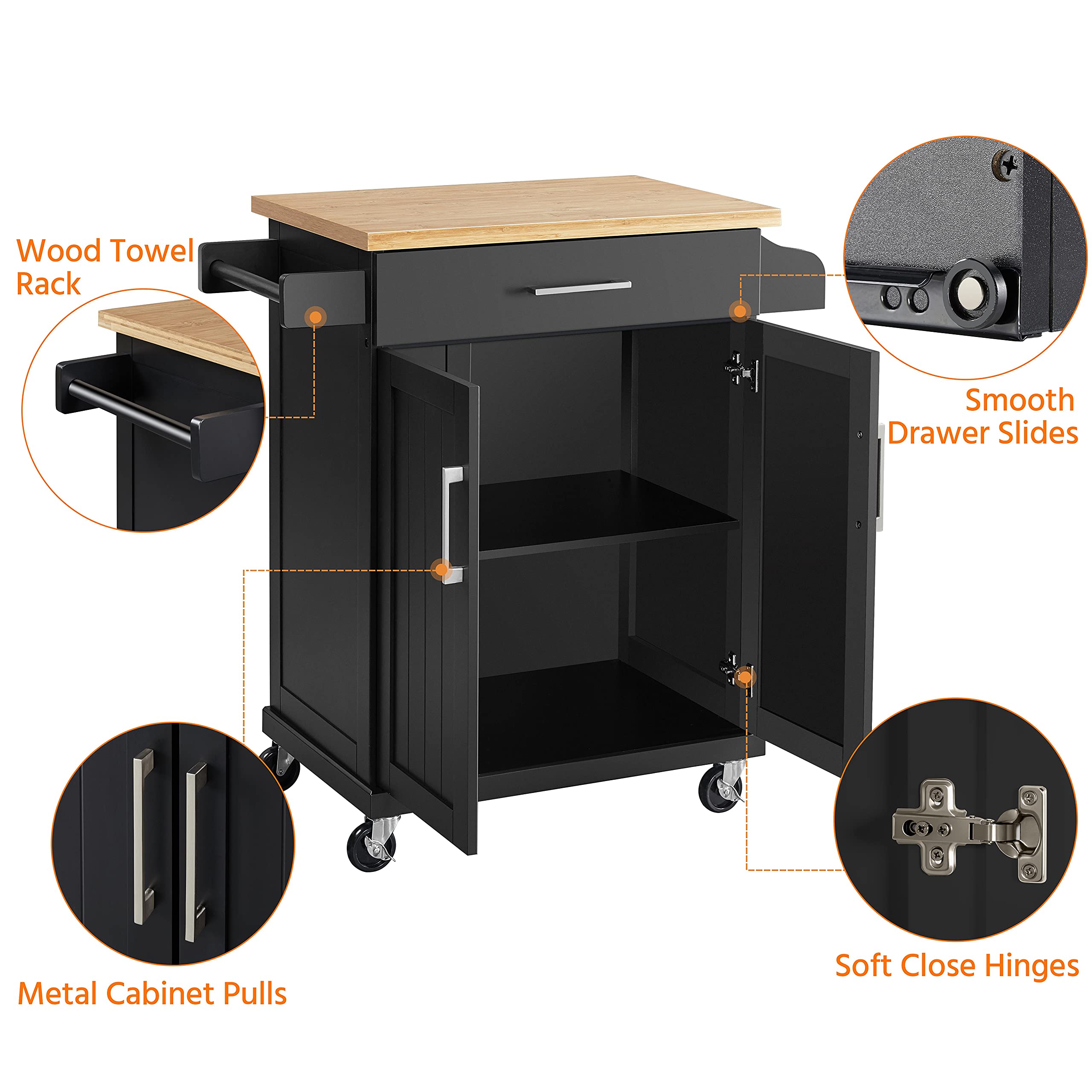 Topeakmart Kitchen Island On Wheels with Storage Cabinet and Drawer, Kitchen Trolley Cart with Spice Rack and Towel Bar for Dining Room, 26x18x36 Inches, Black