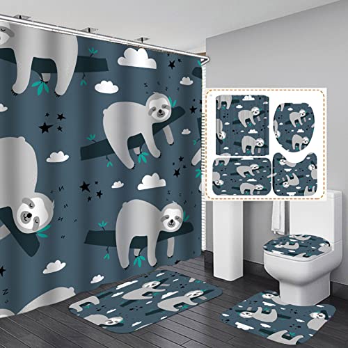 CERYUEE Sloth Shower Curtains Set Cute Animal Bathroom Set 4 Piece Kawaii Sloths Bathroom Decor with Rugs,Toilet Lid Cover,Bath Mat,72x72inch