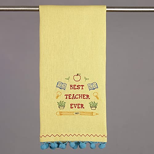 Peking Handicraft 04JES750C Best Teacher Ever Pom Pom Kitchen Towel, 22-inch Length, Linen and Cotton