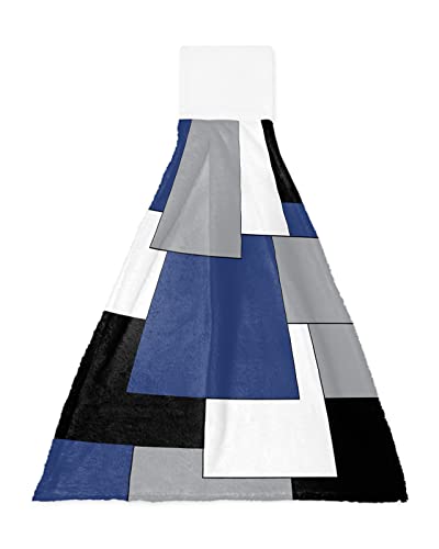 ERXPOOD Kitchen Hanging Hand Towels 1 Pack, Navy Blue Black Gray White Checkered Soft Absorbent Tie Towel for Bathroom Abstract Art Color Squares Tea Bar Dish Towel with Loop Home Cleaning Decor