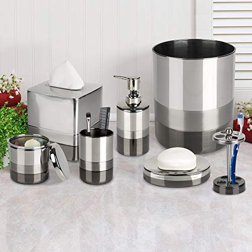 nu steel Triune Bath Accessory Set Vanity Countertop, 7 Piece Luxury Ensemble - Cotton Swab, soap Dish, Toothbrush Holder, Tumbler, soap Pump, Waste Basket, Tissue Box - Shiny, Brushed & Black Nickel