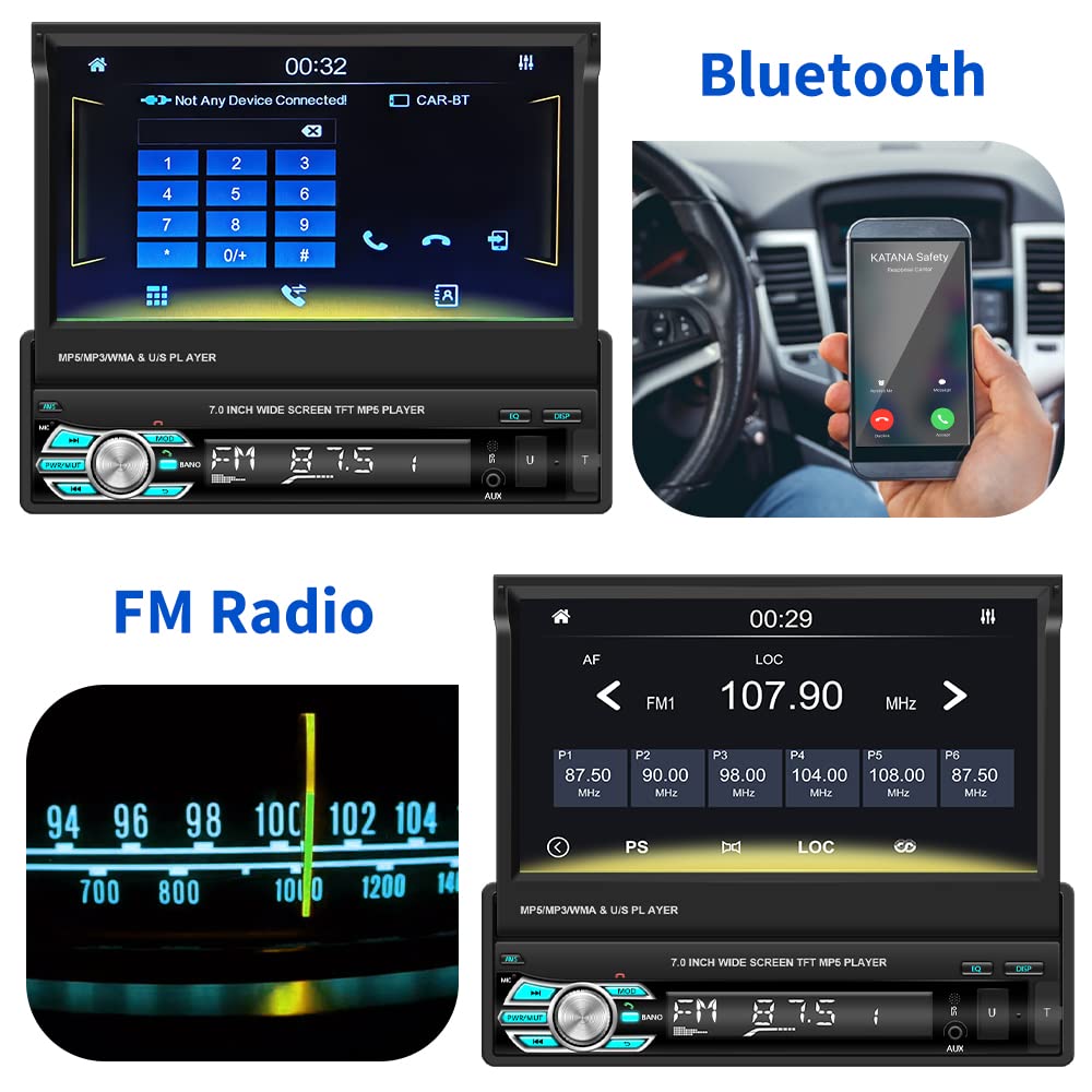 (Stable) Hikity Carplay Single Din Car Stereo, 7 Inch Flip Out Touch Screen Car Radio with Android Auto, Bluetooth, Mirror Link, Backup Camera, FM, USB, SWC, Voice Control Split Screen