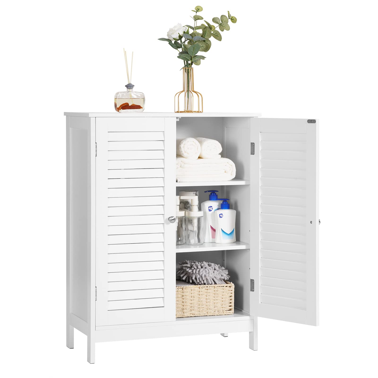 Reettic Bathroom Freestanding Storage Cabinet, Floor Storage Cabinet with 2 Doors, Bathroom Cabinet with Adjustable Shelf, 23.6" L x 11.8" W x 31.5" H, White BMGZ301W