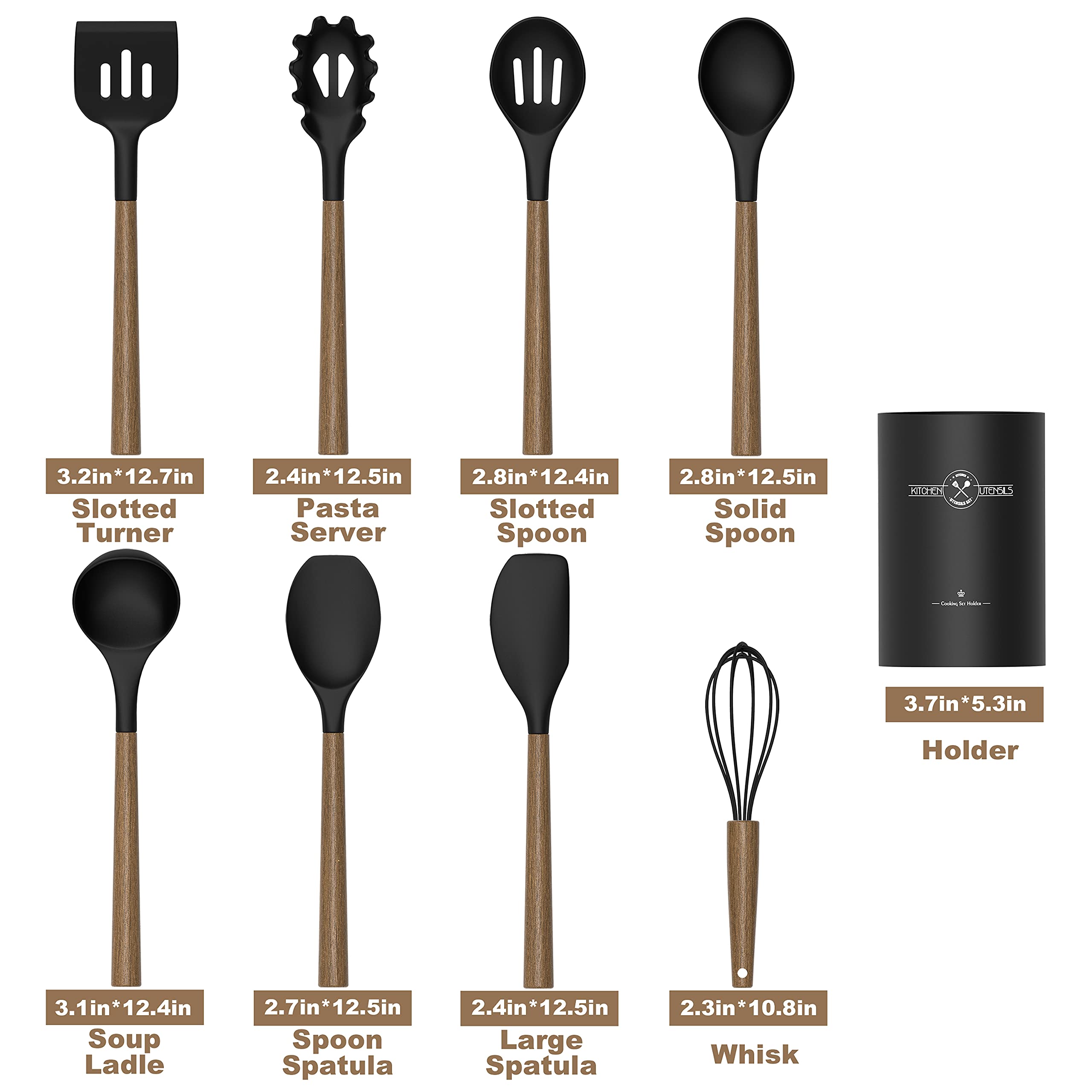 Silicone Kitchen Cooking Utensil Set, 9Pcs Kitchen Utensils Spatula Set with Wooden Handle for Nonstick Cookware, 446°F Heat Resistant Silicone Kitchen Gadgets Utensil Set with Large Holder(Black)