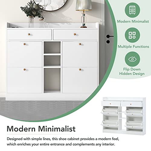 CEMKAR Modern Shoe Cabinet with 4 Flip Drawers, Multifunctional 2-Tier Shoe Storage Organizer with Drawers, Free Standing Shoe Rack for Entrance Hallway (White)