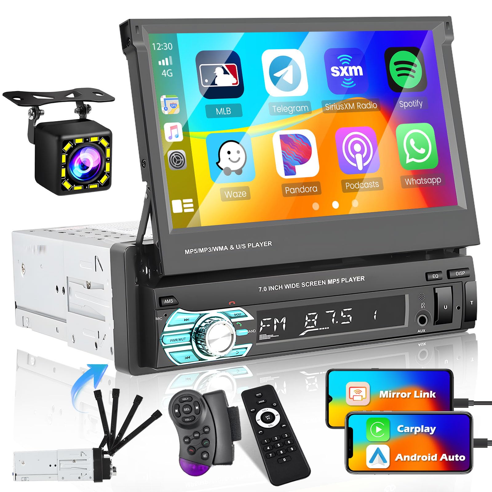 (Stable) Hikity Carplay Single Din Car Stereo, 7 Inch Flip Out Touch Screen Car Radio with Android Auto, Bluetooth, Mirror Link, Backup Camera, FM, USB, SWC, Voice Control Split Screen