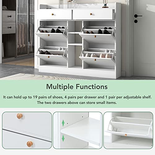 CEMKAR Modern Shoe Cabinet with 4 Flip Drawers, Multifunctional 2-Tier Shoe Storage Organizer with Drawers, Free Standing Shoe Rack for Entrance Hallway (White)