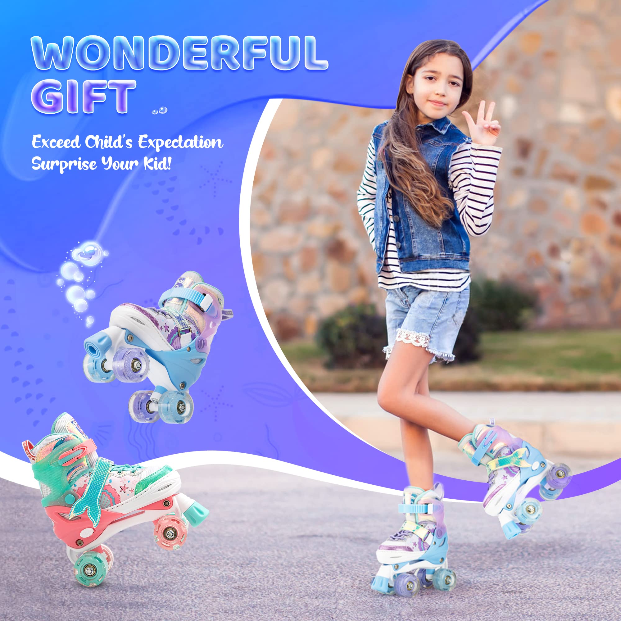 NEMONE Mermaid 4 Size Adjustable Light up Roller Skates for Girls, Blue Purple Skates for Toddlers, Beginner Kids Roller Skates Indoor Outdoor (Blue M)