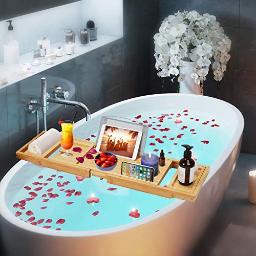 Foldable Bamboo Bathtub Caddy Bath Tub Tray Bridge Shower Shelves Organizer Tray, Extending Sides Built in Book Tablet Integrated Wineglass Holder Phone Tray & Accessories Placement