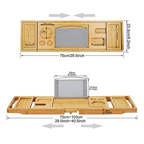 Foldable Bamboo Bathtub Caddy Bath Tub Tray Bridge Shower Shelves Organizer Tray, Extending Sides Built in Book Tablet Integrated Wineglass Holder Phone Tray & Accessories Placement