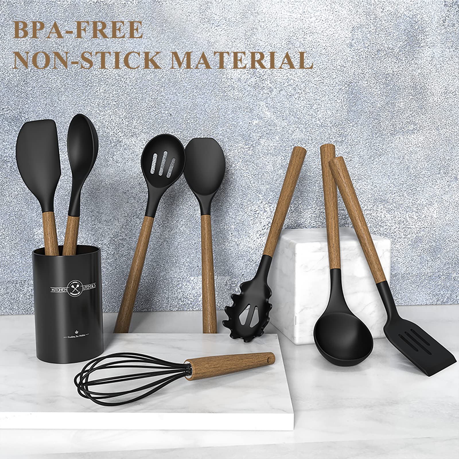 Silicone Kitchen Cooking Utensil Set, 9Pcs Kitchen Utensils Spatula Set with Wooden Handle for Nonstick Cookware, 446°F Heat Resistant Silicone Kitchen Gadgets Utensil Set with Large Holder(Black)