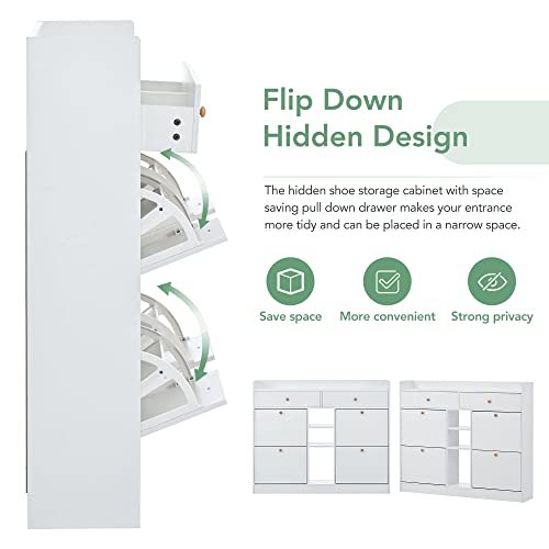 CEMKAR Modern Shoe Cabinet with 4 Flip Drawers, Multifunctional 2-Tier Shoe Storage Organizer with Drawers, Free Standing Shoe Rack for Entrance Hallway (White)