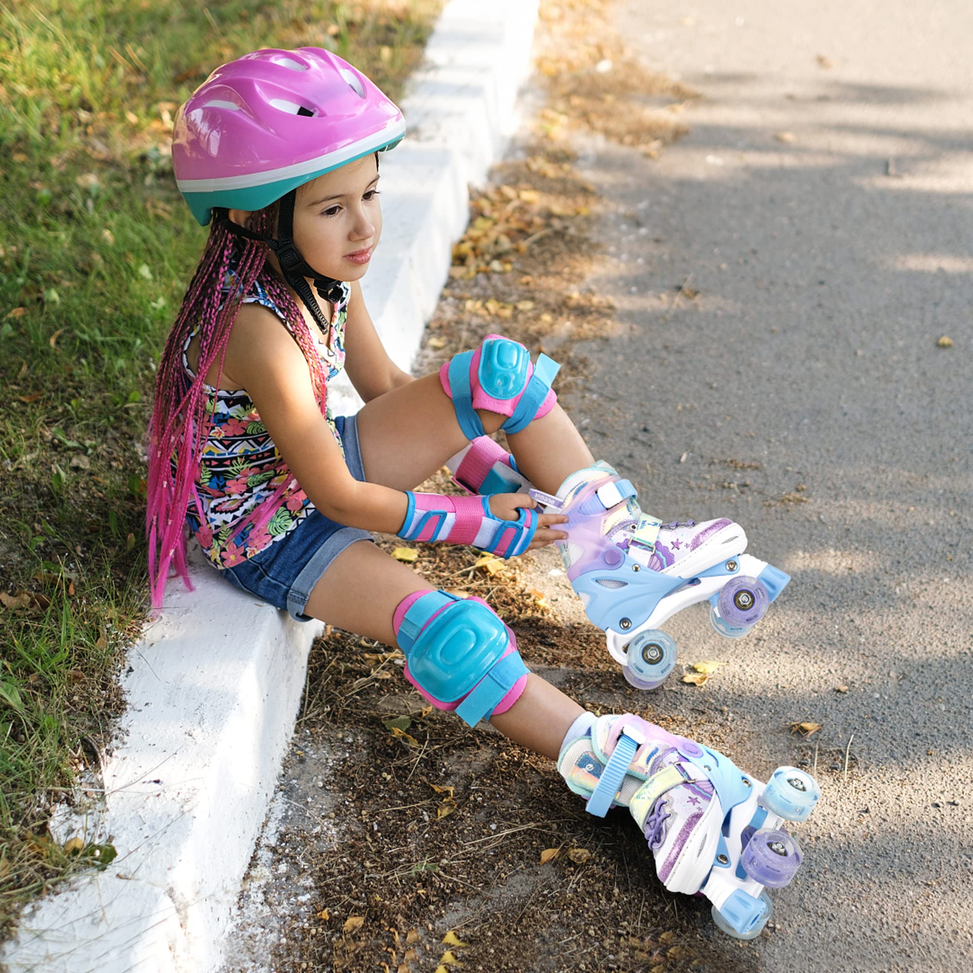 NEMONE Mermaid 4 Size Adjustable Light up Roller Skates for Girls, Blue Purple Skates for Toddlers, Beginner Kids Roller Skates Indoor Outdoor (Blue M)