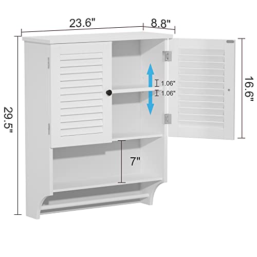 ChooChoo Bathroom Wall Cabinet with Towels Bar, 23.6" L x8.9 W x29.3 H MDF Material Medicine Cabinet, 2 Doors Over The Toilet Space Saver Storage Cabinet with Large Space, White