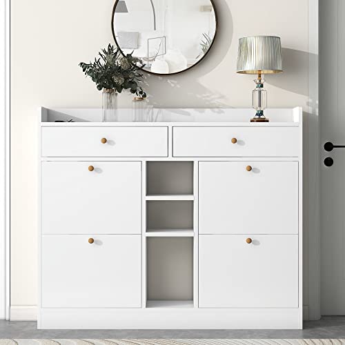 CEMKAR Modern Shoe Cabinet with 4 Flip Drawers, Multifunctional 2-Tier Shoe Storage Organizer with Drawers, Free Standing Shoe Rack for Entrance Hallway (White)