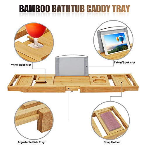 Foldable Bamboo Bathtub Caddy Bath Tub Tray Bridge Shower Shelves Organizer Tray, Extending Sides Built in Book Tablet Integrated Wineglass Holder Phone Tray & Accessories Placement