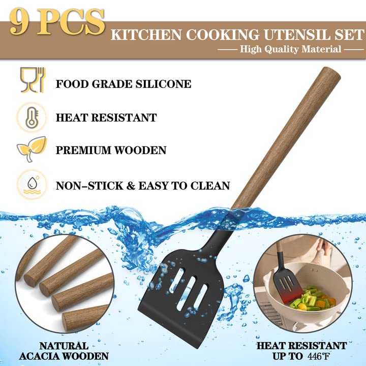 Silicone Kitchen Cooking Utensil Set, 9Pcs Kitchen Utensils Spatula Set with Wooden Handle for Nonstick Cookware, 446°F Heat Resistant Silicone Kitchen Gadgets Utensil Set with Large Holder(Black)
