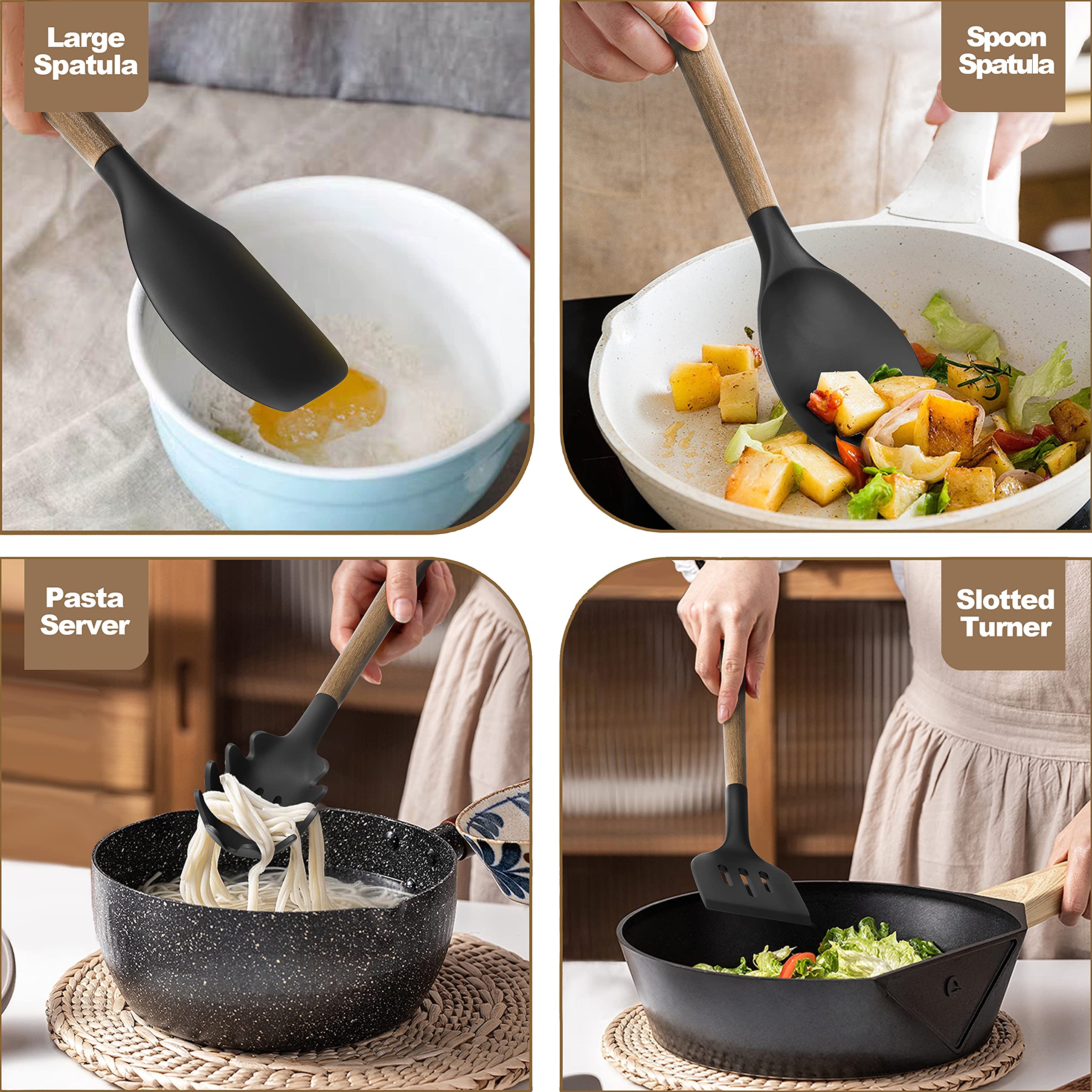 Silicone Kitchen Cooking Utensil Set, 9Pcs Kitchen Utensils Spatula Set with Wooden Handle for Nonstick Cookware, 446°F Heat Resistant Silicone Kitchen Gadgets Utensil Set with Large Holder(Black)