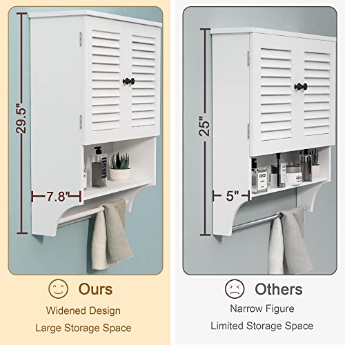ChooChoo Bathroom Wall Cabinet with Towels Bar, 23.6" L x8.9 W x29.3 H MDF Material Medicine Cabinet, 2 Doors Over The Toilet Space Saver Storage Cabinet with Large Space, White