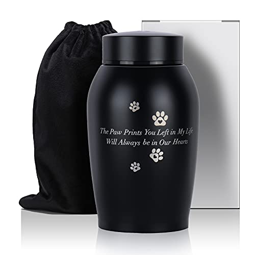 Pet Urn, JOFUNG Metal Cremate Funeral Urn for Dog/Cat ashes,Paw Print keepsake,Laser Engraving, Thread Design on The Top,Black Paw Print