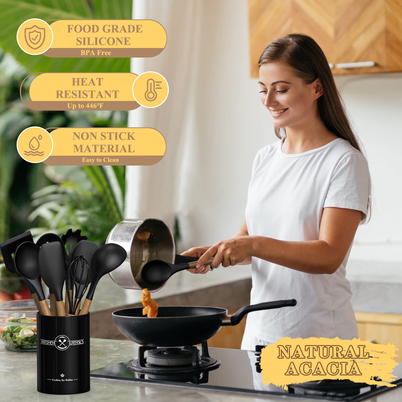 Silicone Kitchen Cooking Utensil Set, 9Pcs Kitchen Utensils Spatula Set with Wooden Handle for Nonstick Cookware, 446°F Heat Resistant Silicone Kitchen Gadgets Utensil Set with Large Holder(Black)