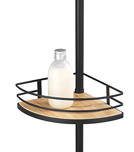 WENKO Dolcedo Corner Bamboo and Stainless Steel Telescopic Bathroom Shower Shelf Height Adjustable with 4 Shelves, Black/Natural, 31 x 65-275 x 23 cm